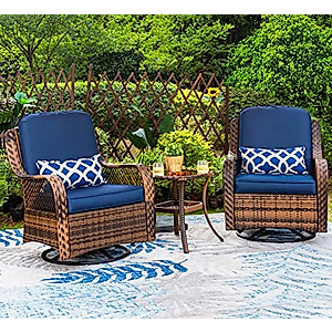 PHI VILLA Oversized Outdoor Swivel Rocker Patio Chairs Set 3 Piece with 1 Table and 2 Heavy-Duty Rocking & Swivel Chairs Support 350lbs Rattan Navy Blue Outdoor Furniture Patio Conversation Set