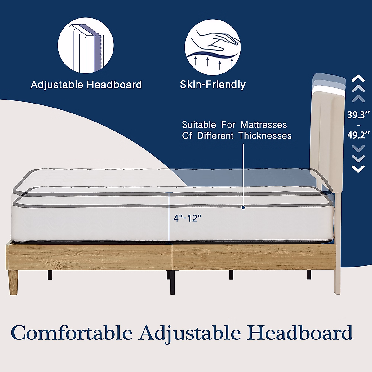 VECELO Queen Bed Frame Upholstered Platform Beds with Height-Adjustable Cotton and Linen Headboard, Heavy Duty Wood Slats, 6" Under-Bed Space, Noise-Free, No Box Spring Needed,Easy Assembly