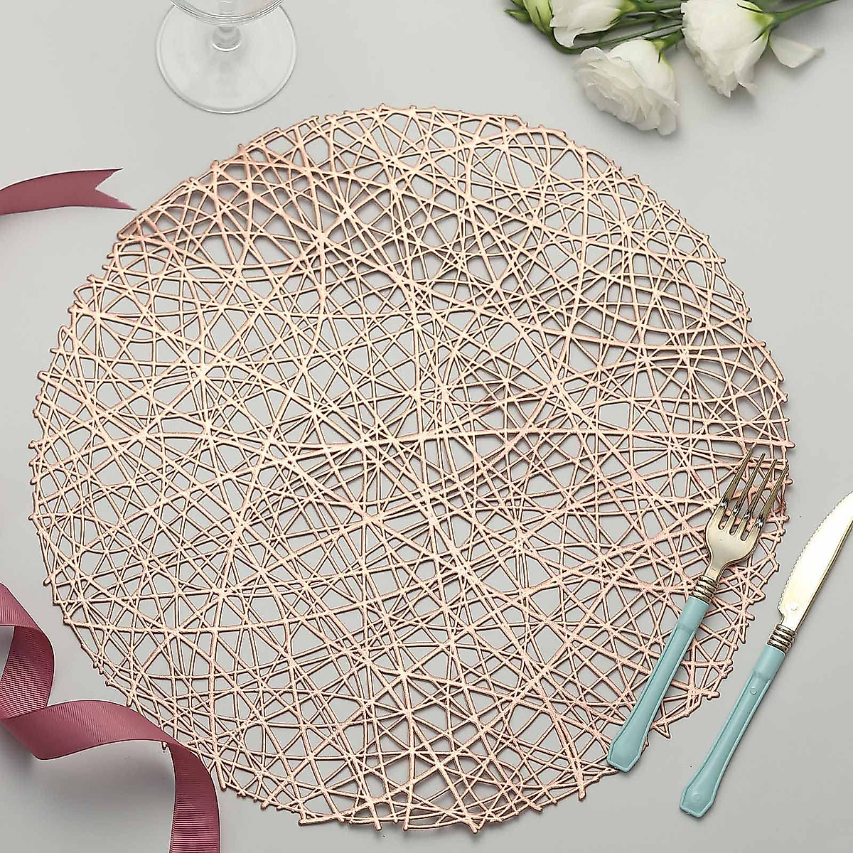 TABLECLOTHSFACTORY 6 Pack | 15" Rose Gold Round Woven Vinyl Placemats | Non Slip Dining Table Placemats for Wedding Events Birthday Party