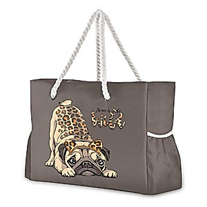 ALAZA Large Travel Beach Tote, Cute Pug Dog with Quote Polyester Handbag Gym Shoulder Bags with Cotton Rope