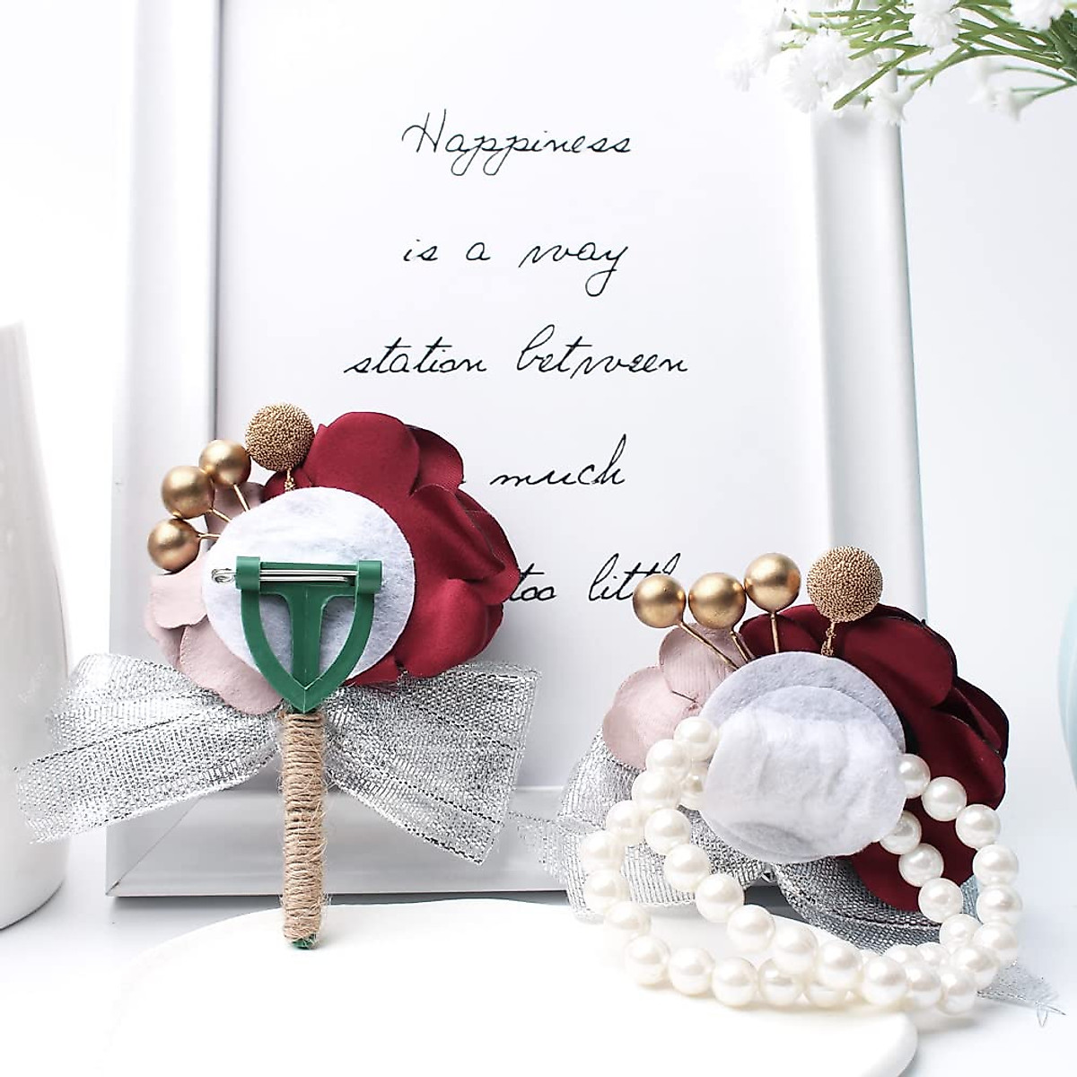 WANLIAN Wrist Corsage,Corsage and Boutonniere Set Bridesmaid Wedding Flower Corsages And Hand Flower Set of 2 for Wedding Prom Party (Red)