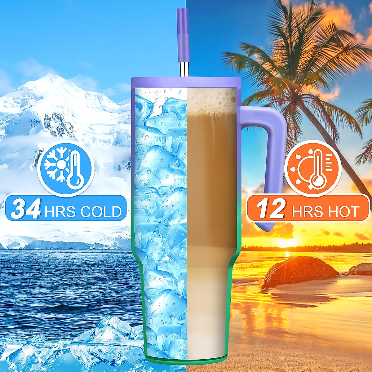 40 oz Tumbler with Handle | Insulated Tumbler with Leak-proof Lid and Straw | Stainless Steel Coffee Travel Mug | Reusable Water Bottle Cup | Keeps Cold for 34Hrs (Fairyland Green)