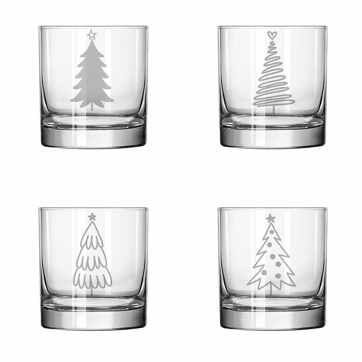 MIP Set of 4 Glass 11 oz Rocks Whiskey Old Fashioned Stylized Christmas Trees Collection