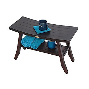 DecoTeak Satori Shower Bench Teak Wood Shower Stool with Curved Seat and Shelf 28″ Wide Wooden Seat Shower Stool in Woodland Brown Finish