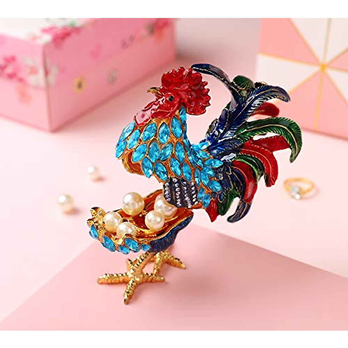 Furuida Rooster Trinket Boxes Hinged Enameled Jewelry Box Hand-Painted Animals Ornaments Craft Gift for Home Decor (Blue)