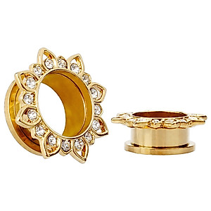 KUBOOZ Jewelry Gold Plated Flower Stainless Steel Crystal Gems Screw Back Ear Plugs Gauges Sold in Pairs 8mm