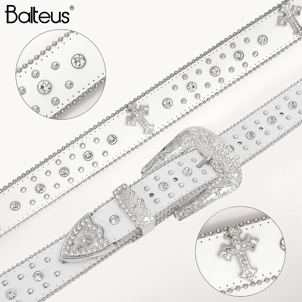 Women Men Rhinestone Belt,Fashion Western Cowgirl Cowboy Bling Studded Cross Leather Belt Diamond Belt for Jeans Dress,White,M