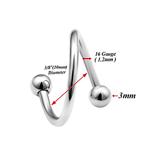 bodyjewellery 4pcs 16g Spiral barbell Cartilage Earring Lip Tragus Eyebrow Hoop Helix Twisted Bar Surgical Steel Studs 3mm Balls - 10mm
