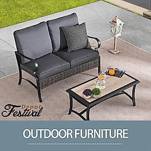 Festival Depot PE Wicker Patio Bistro Set, 2 Pieces Outdoor Furniture, Conversation Sofa Loveseat Armchairs & Coffee Table with Removable Cushion All Weather Casual Craft Cozy Small Chair Set