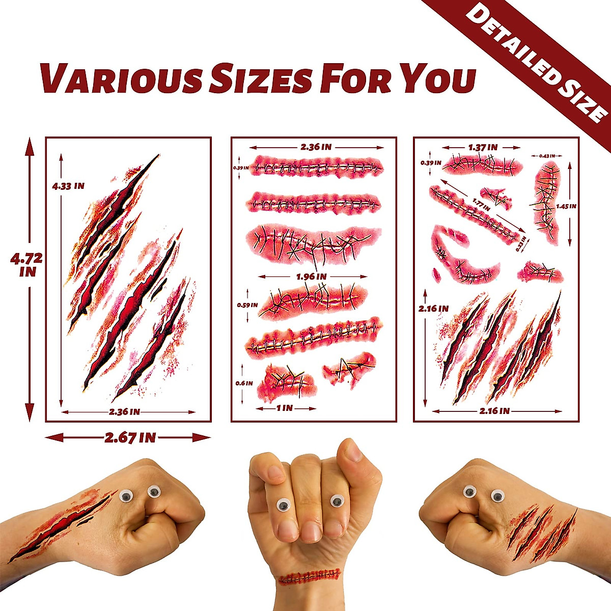 30 Sheets Halloween Temporary Tattoos, Horror Stitch Scar Scab Zombie Makeup Tattoos Stickers, Realistic Bloody Fake Wound for Halloween Party