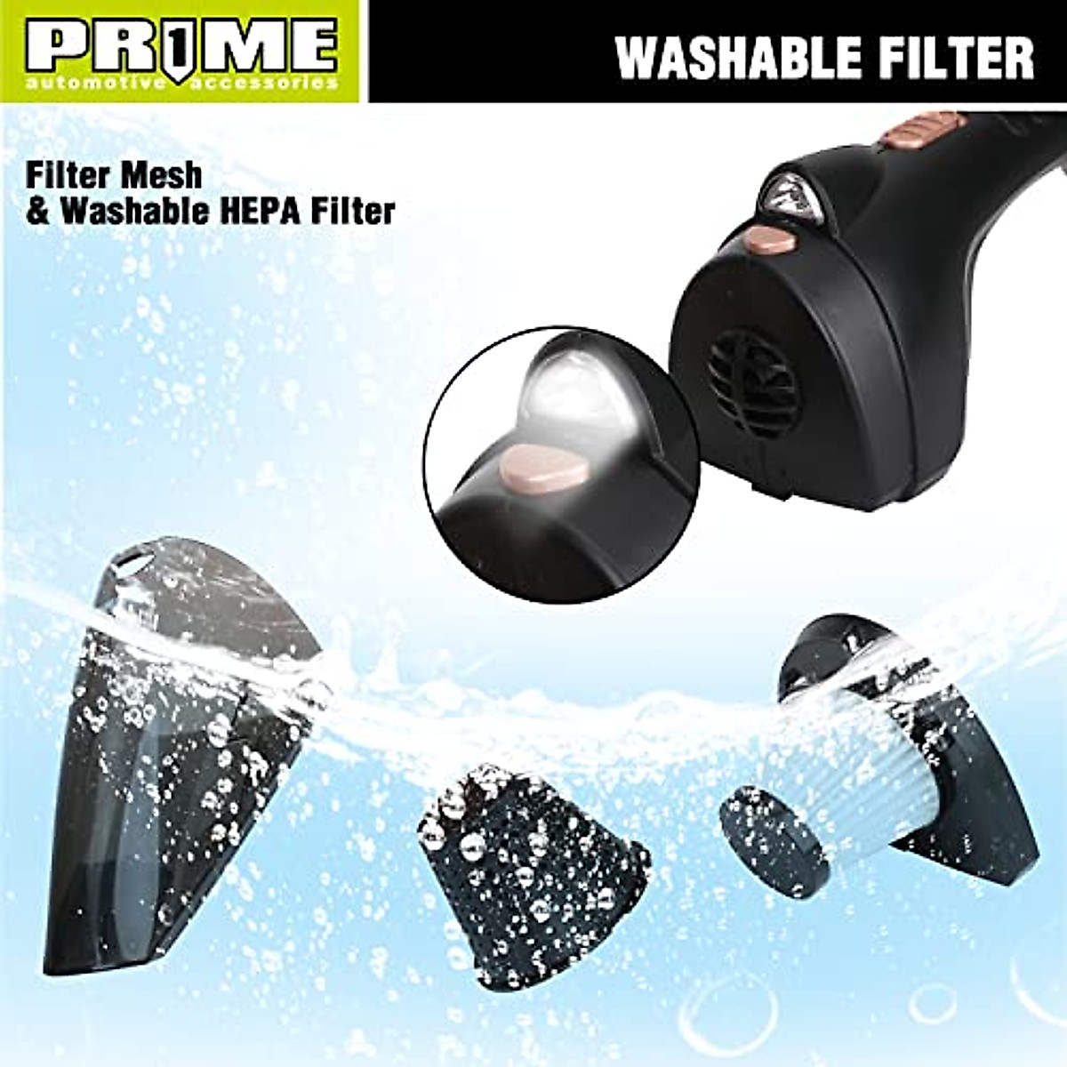 PR1ME Handheld Car Vacuum Cleaner, DC 12V Portable Car Vacuum Cleaner, Strong Suction High Power Hand Vacuum, LED Light, w/ 3 Attachments, 16 Ft Cord, Lightweight Dry Wet Amphibious Vehicle Cleaner