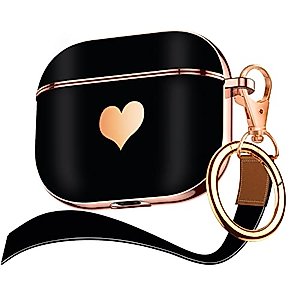 Maxjoy AirPods 3rd Generation Case Cover, Cute Electroplating with Gold Heart Pattern with Lanyard Shockproof Cover for Girls Woman Airpods 3 case-Black
