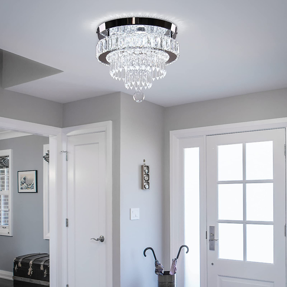 Dimmable Crystal Chandeliers 11.8" LED Flush Mount Modern Ceiling Light Fixtures for Bedroom Dining Room Hallway (2700K/4000K/6500K)