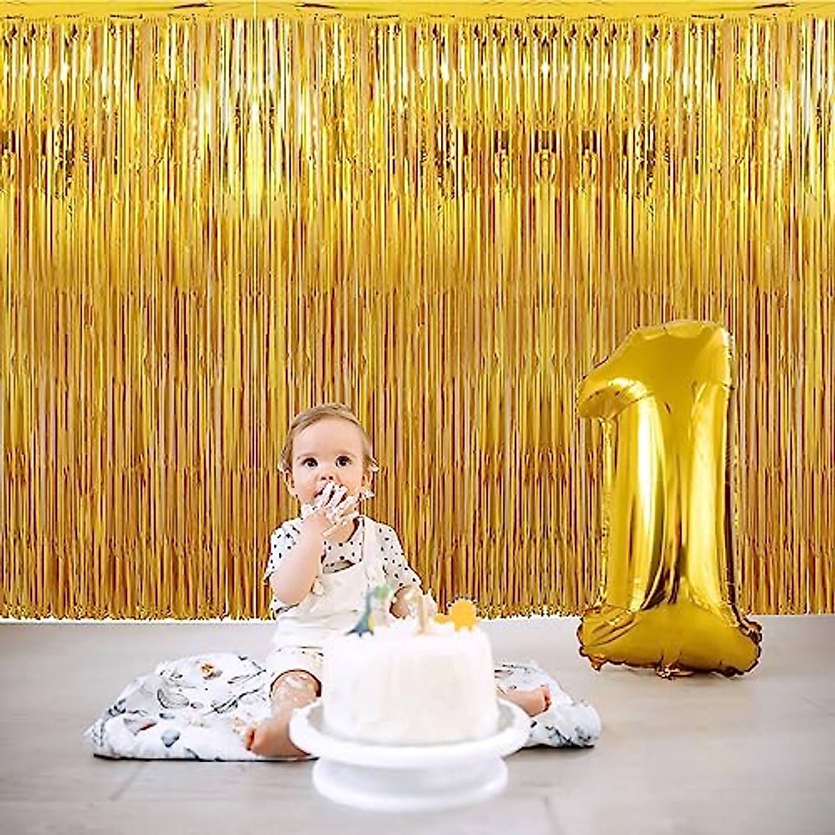 8Pcs Gold Backdrop Curtains, Gold Tinsel Foil Fringe Backdrop with Hanging Swirls, 3.3ft x 6.6ft Foil Fringe Curtains Backdrop Tinsel Curtain Streamer for Girl Women Party Birthday Decorations