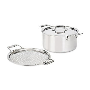 All-Clad D5 5-Ply Brushed Stainless Steel Stockpot with lid and Strain & Splatter Guard, 8-Quart, Induction, Oven & broiler safe up to 600°F, Cookware, Pots and Pans, Kitchen Essential, Silver