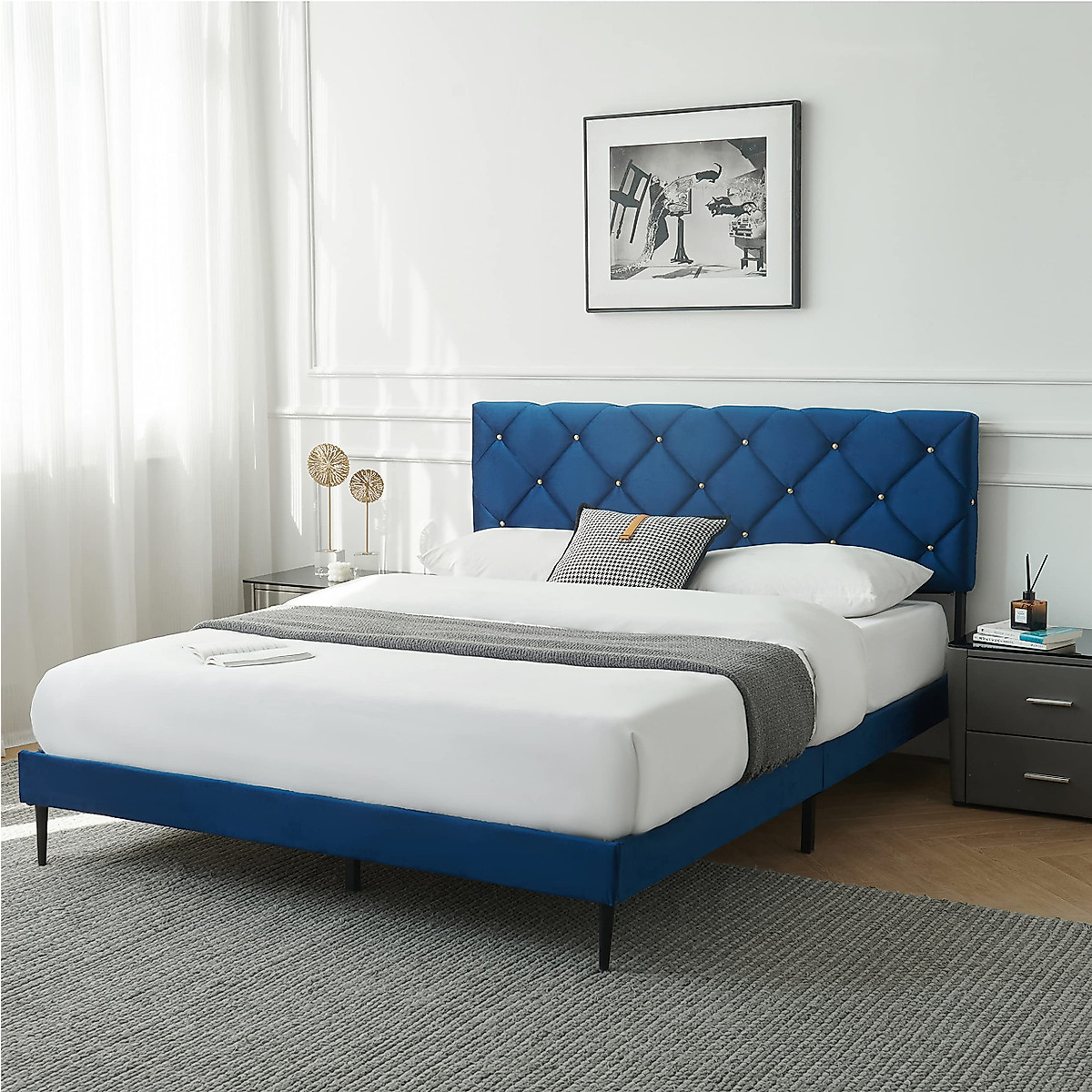 AsKmore Queen Size Bed Frame,Velvet Upholstered Platform with Headboard and Strong Wooden Slats,Non-Slip and Noise-Free,No Box Spring Needed, Easy Assembly,Navy Blue