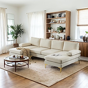 VINGLI 110" Modern U Shaped Sectional Couch with 51"D Double Chaise for Living Room, Beige Deep Seat Sectional Sofa Sets with 5.9" Thickness Seating Padding for Home Furniture,Linen Fabric,Metal Legs