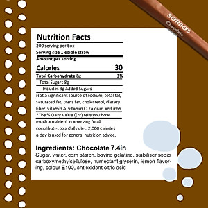Sorbos Edible Straws, Chocolate Flavored, Sustainable, Individually Packaged, No Plastic, No Allergens, No Gluten, No PFAS, 100 Percent Biodegradable, 7.4 inches long (Pack of 200)