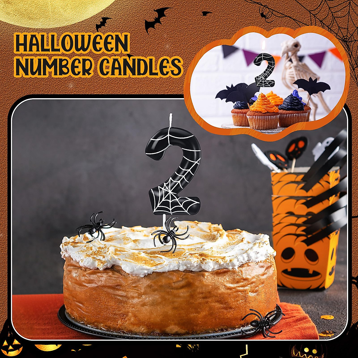 MTLEE Spider Candle Halloween Number Candles Birthday Candles Black White Spider Web Candles Bat Cake Topper Cake Candles for Spider Party Decoration Halloween Party Supplies(2)