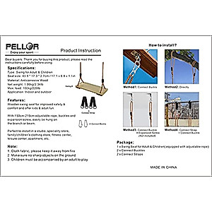 PELLOR Wooden Tree Swing for Kids - Anticorrosive Hanging Swing Seat 17.1 x6.8 x1.1, Adjustable PE Rope Kids Swing for Backyard Patio Garden Playground,220lbs