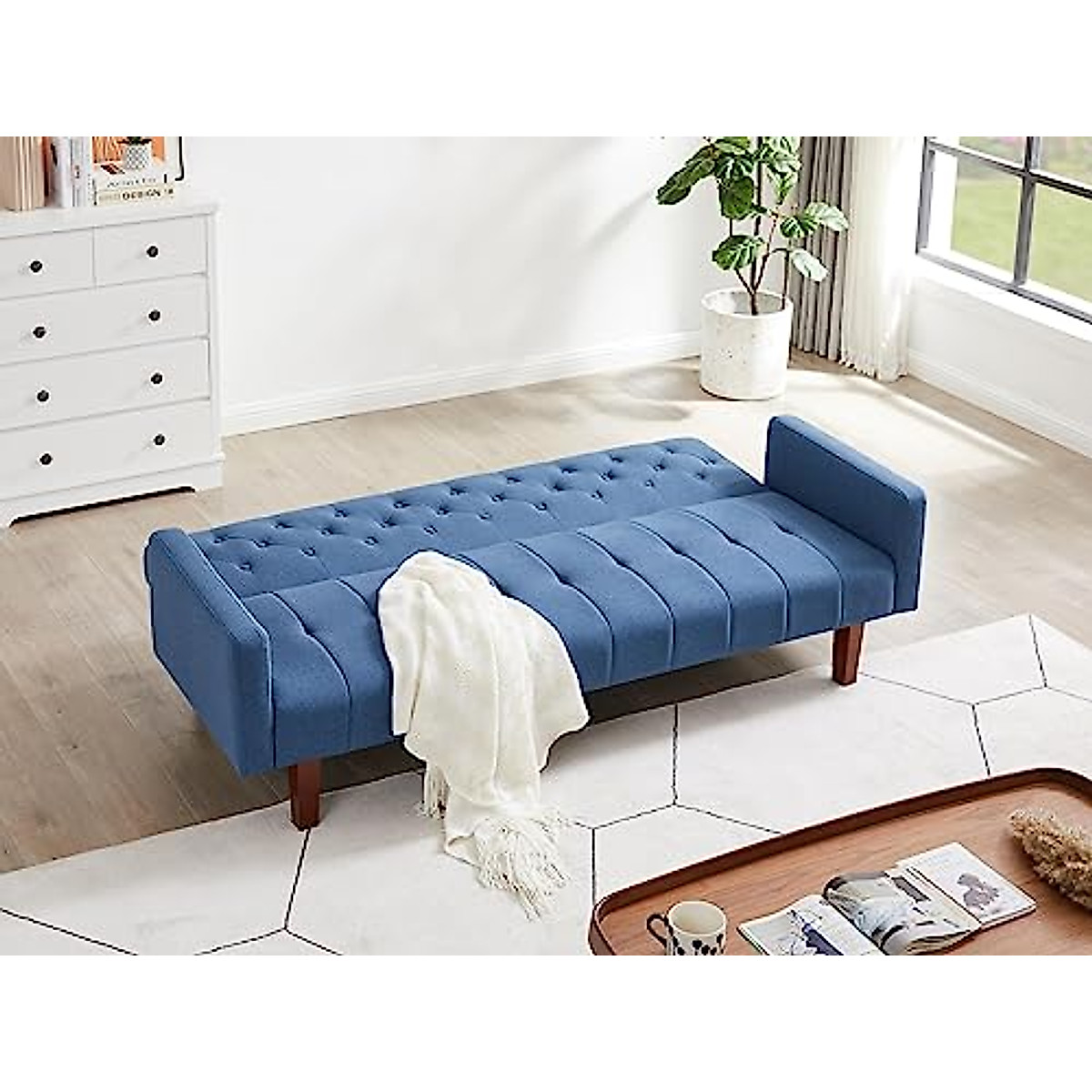 Blue, Linen, Convertible Double Folding Living Room Sofa Bed (Eucalyptus Wood Frame)