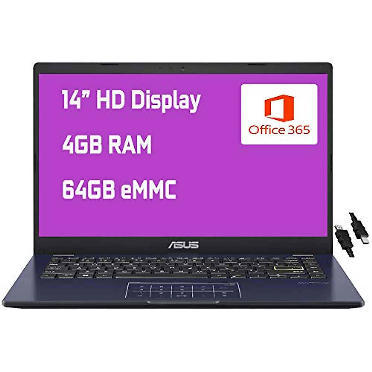 Asus Vivobook E410MA Thin and Light Business Laptop 14” HD Display Intel Celeron N4020 4GB RAM 64GB eMMC Intel HD Graphics 600 USB-C HDMI Office 365 Win10 (Star Balck)+ HDMI Cable