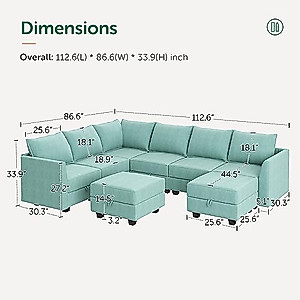 HONBAY Reversible Sectional Sofa Modular Couch U Shaped Sectional Sleeper Sofa with Storage Seats Oversized Sectional Sofa with Wide Chaise for Living Room, Aqua Blue