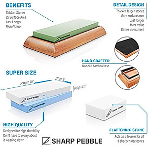 Sharp Pebble Knife Sharpening Stones Kit -Grits 400/1000/6000 Extra Large Whetstone- Wet Stone Knives Sharpener Set with NonSlip Bamboo Base & Flattening Stone