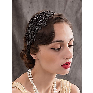 SWEETV Black Rhinestone Flapper Headband-Elastic 1920s Headpiece, Great Gatsby Hair Accessories for Women