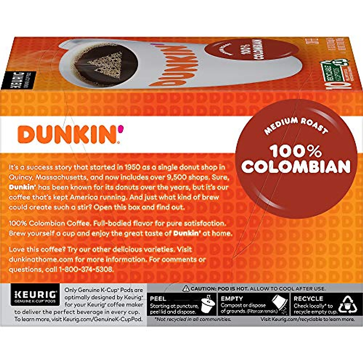 Dunkin' 100% Colombian Medium Roast Coffee, 10 Keurig K-Cup Pods