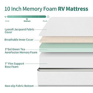 Hcore RV Mattress 10" Short King,Green Tea Medium Firm Memory Foam Mattress in a Box,Pressure Relief,Campers/Trailers/Trucks Mattress in a Box,CertiPUR-US Certified,Made in USA