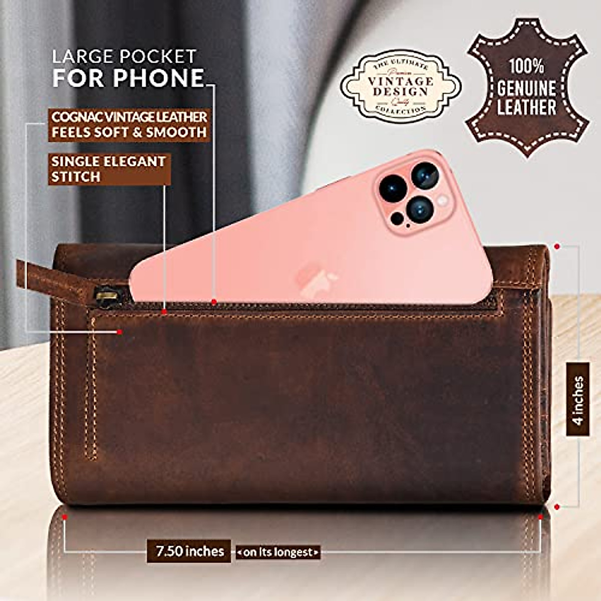 RFID Leather Clutch Wallet for Women-Credit Card Slots Coin Purse with ID Window (COGNAC VINTAGE)