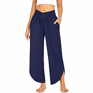 TARSE Womens Wide Leg Yoga Pants Cross High Waisted Capris Plus Size Palazzo Split Leg Trousers Casual Flared Sweatpants with Pockets (Navy,XL)