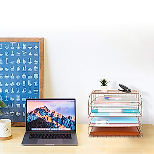 Spacrea Letter Tray, 4 Tier Rose Gold Desk Organizers and Accessories for Women, Stackable Paper Tray Organizer Desk File Organizer with 1 Upper Display Shelf (Rose Gold)