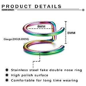 Drperfect Fake Double Nose Ring Hoop Stainless Steel Faux Nose Ring Non Piercing Lip Ring Ear Cuff Clip on Helix Cartilage Earring Set