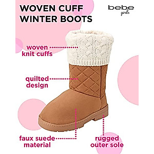bebe Girls' Winter Boots - Quilted Woven Knit Winter Boots with Turn Cuff Sock Lining (Toddler/Girl), Size 2 Little Kid, Cognac