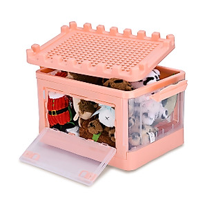 CHILDLIKE BEHAVIOR Foldable Bins with Lids - Pink Plastic Toy Bin - Heavy-Duty, Odorless, Built-in Lock Buckles, Two Opening Ways, Stackable, Moveable - 22.4 x 15 x 31.5 inches