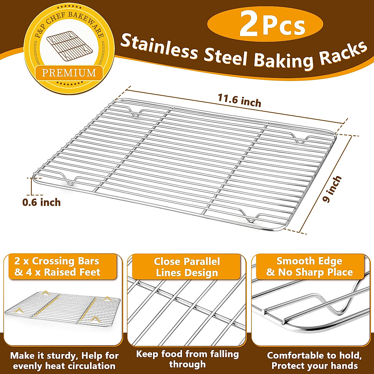 P&P CHEF 12.5 Inch Toaster Oven Pan and Rack Set，4 Pieces Stainless Steel Baking Pan Oven Trays with Cooling Rack, Non Toxic & Dishwasher Safe，2 Pans + 2 Racks