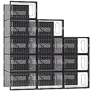 eWonLife Large Storage Box with Magnetic Door, 12 Pack Clear Plastic Stackable Sneaker Organizer for Closet, Connect Left and Right Shoe Containers Bins for Entryway, Drop Front, Under Bed, Black