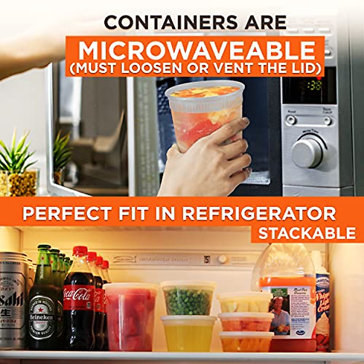 [40 Pack] Food Storage Containers with Lids, Round Plastic Deli Cups, US Made, 16 and 32 oz, Cup Pint Quart Size, Leak Proof, Airtight, Microwave & Dishwasher Safe, Stackable, Reusable, White