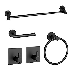 Black Bathroom Hardware Towel Holder 5 Pieces,Matte Towel Racks for Bathroom Set includes 15"-24.5" retractable Towel Bar,Towel Ring,Toilet Paper Holder,Robe Towel Hooks