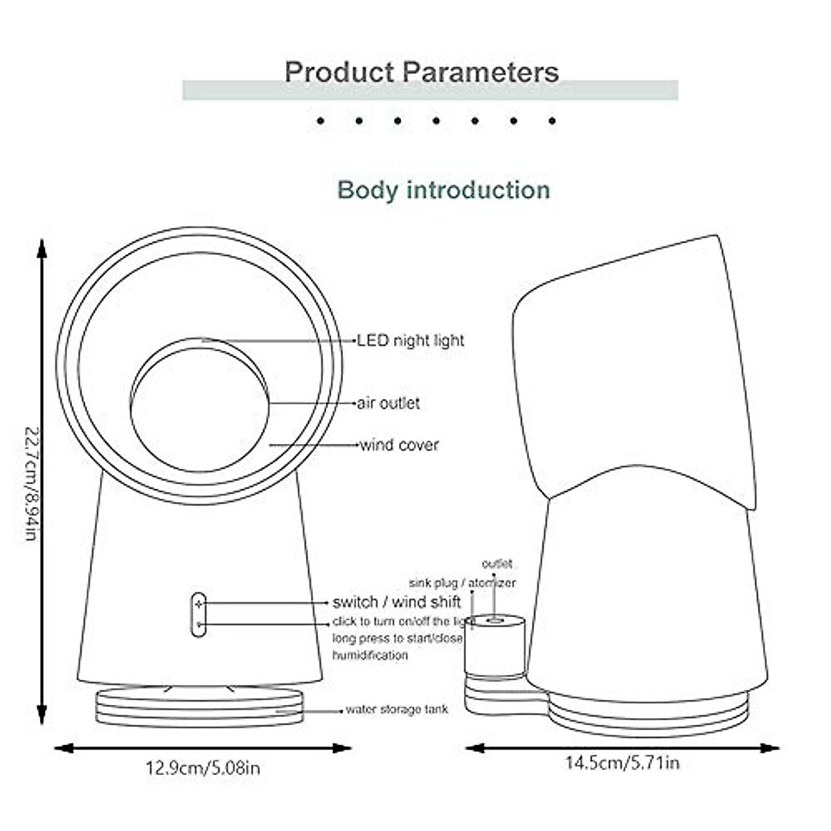 3 in 1 Bladeless Mini Desktop Fan with Cooling Humidifier and LED NightLight f