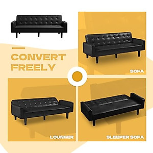Homies Life Faux Leather Futon Couch, Mid Century Modern Futon Sofa with Memory Foam, Convertible Futon Sofa Bed for Small Spaces, Living Room, Office, Black