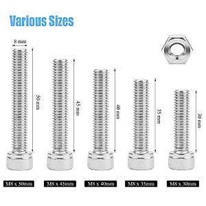 DYWISHKEY 50 Pieces M8 x 30mm/35mm/40mm/45mm/50mm Stainless Steel 304 Hex Socket Head Cap Bolts and Nuts Kit