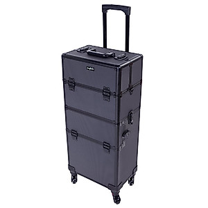 mefeir 2 in 1 Rolling Makeup Train Case, Travel Makeup Organizer Cosmetic Display Case, Aluminum Cosmetology Supply Suitcase on Wheels, Beauty Storage Luggage Lockable w/4 Removable Wheels (Black)