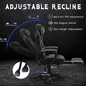 Zeanus Gaming Chairs for Adults Ergonomic Computer Chair with Footrest Gamer Chair with Massage Recliner PC Gaming Chair Home Office Desk Chair Big and Tall Racing Chair Lumbar Support Grey