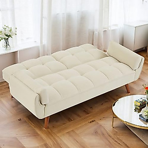 Fangflower Convertible Sofa Bed, Velvet Fabric Adjustable Backrest Sleeper Futon Loveseat with Tapered Wood Legs for Living Room, Bedroom, Apartment Lounge, Garage