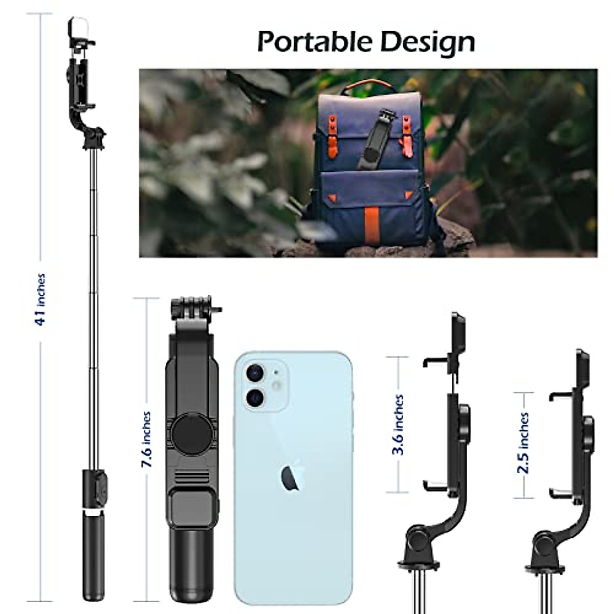 Aureday Selfie Stick with Wireless Bluetooth Remote, Portable 41 Inch Gopro Selfie Stick Tripod with Light, Compatible with iPhone 14/13 Pro/12/11 Pro/Max/XS/XR/X/8/7 and Android Smartphones