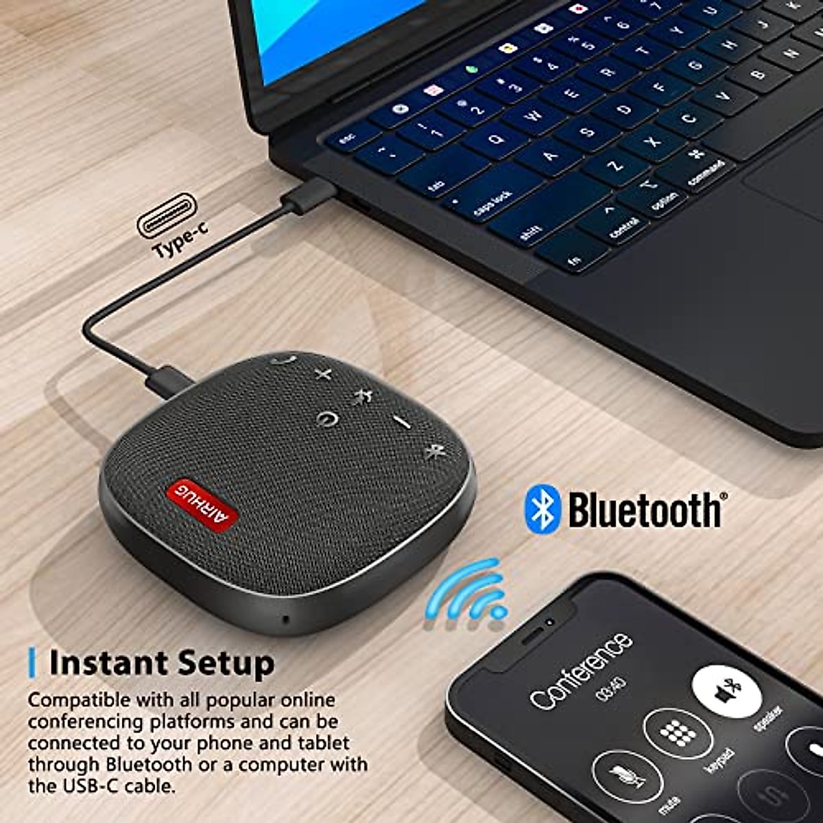 AIRHUG Bluetooth Speakerphone,Conference Speaker with Microphone,6 metes HD Voice Pick Up,Advanced Noise Reduction Algorithm,USB-C Plug & Play,Compatible with Zoom,MS Team,Skype