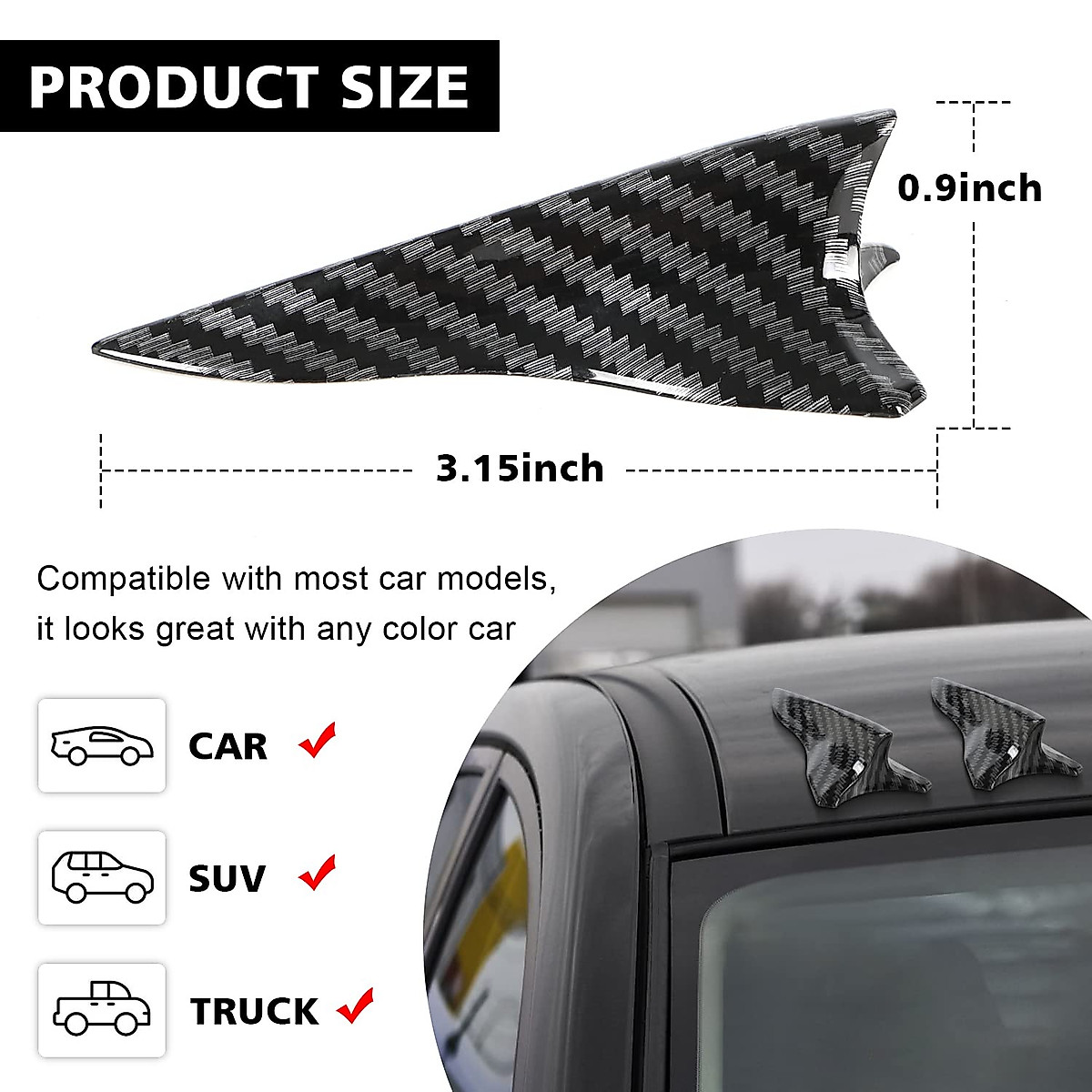 Ouzorp 10Pcs Air Vortex Generator Carbon Fiber Pattern Diffuser Shark Fin Set Kit Compatible with Spoiler Roof Wing Pointed